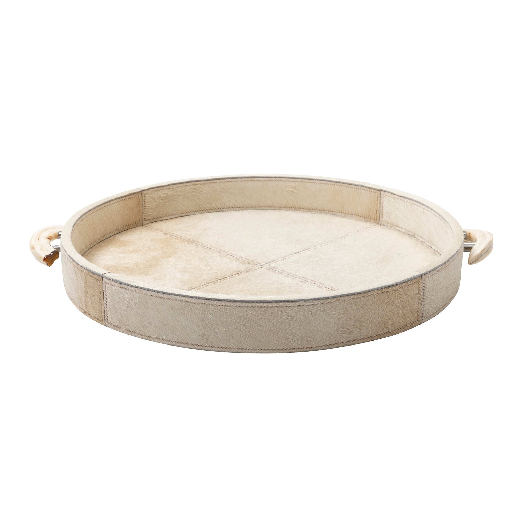 Cream Cow Hide Round Tray with Warthog Tusk Handles | NGALA Trading