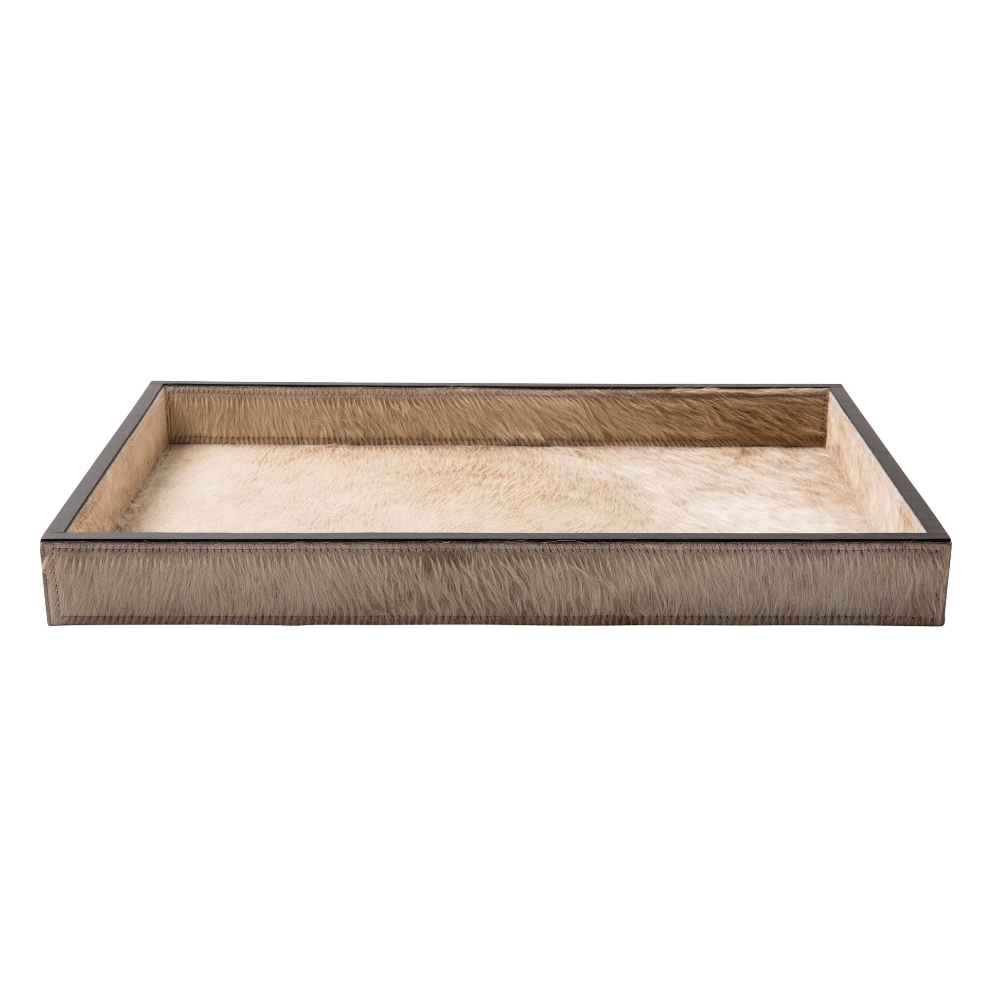 Cream Cow Hide Rectangle Tray with Black Leather Trim - Large